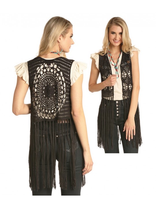 Womens Black Fringe Vest | Rock'n'Roll Cowgirl by Panhandle Slim