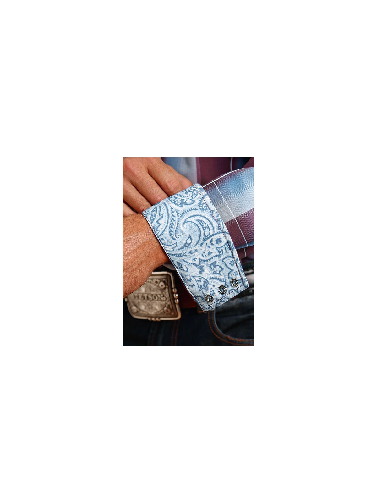 Stetson Men's Western Wine Buffalo Plaid Shirt with Satin Stripes - L